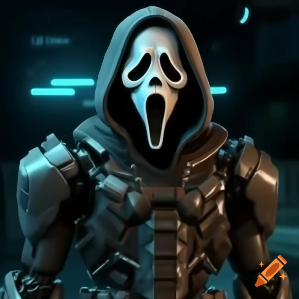 GhostFace robot armor designed in cyberpunk style on Craiyon