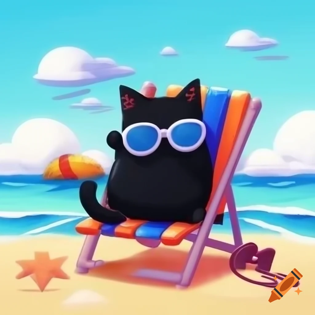 Cartoon black cat on beach chair wearing sunglasses on Craiyon