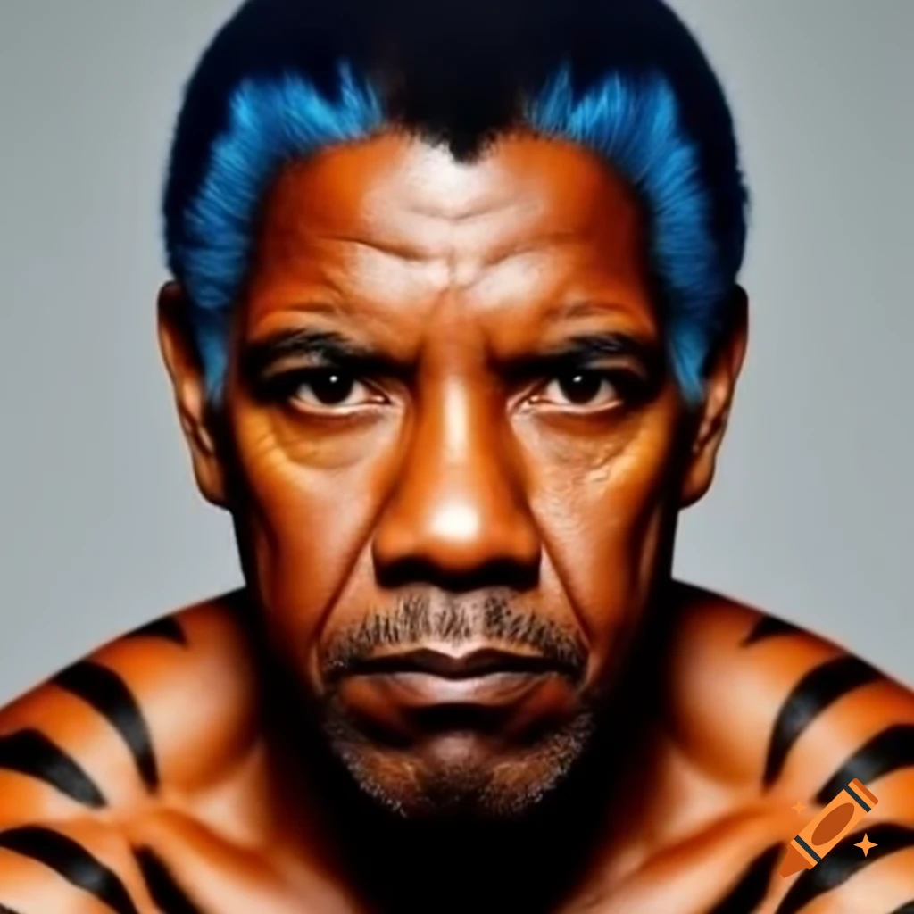 Denzel Washington Styled With Tiger Makeup Featuring Blue Hair And