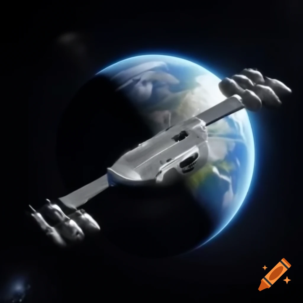 Gray dumbbell-shaped spaceship in low earth orbit with small ships ...