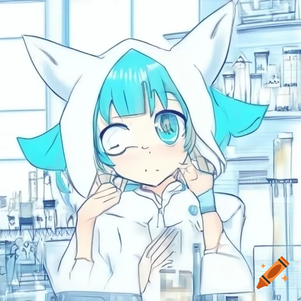 Cheerful anime girl with fox ears skipping in laboratory on Craiyon