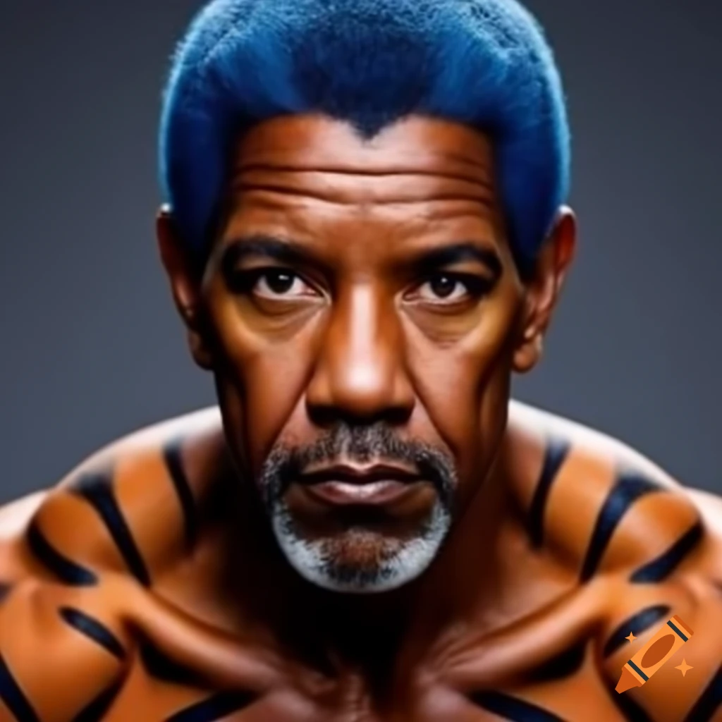 Muscular man with tiger-style makeup featuring blue hair and orange ...