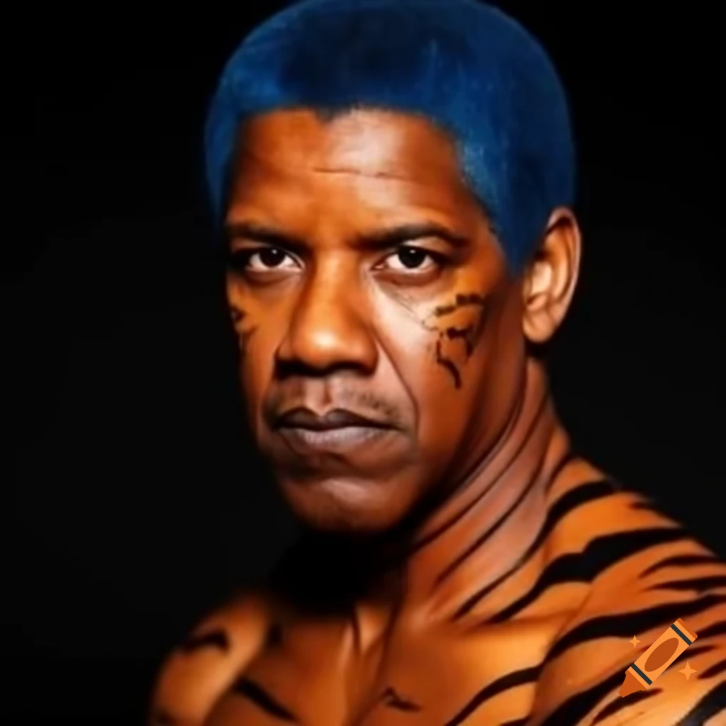 Muscular man with tiger-style makeup featuring blue hair and orange ...