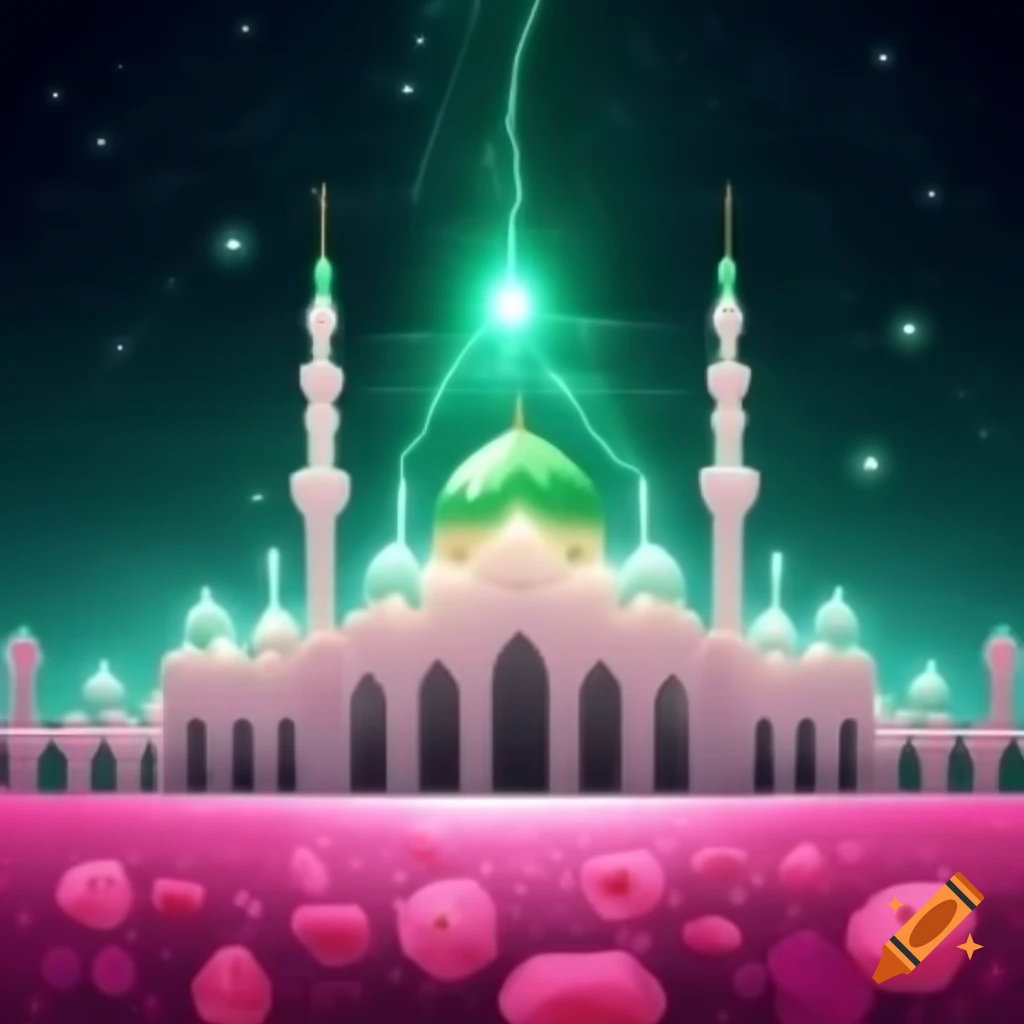 Vector art of Medina Mosque with green dome over pink flower field in ...