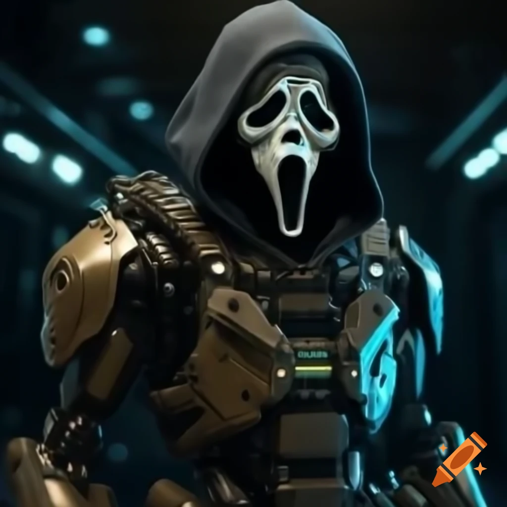 GhostFace robot armor designed in cyberpunk style on Craiyon