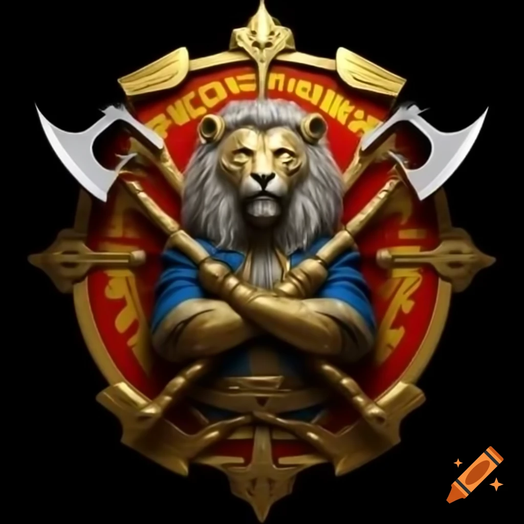 Military coat of arms featuring fierce lion and crossed axes in warm ...