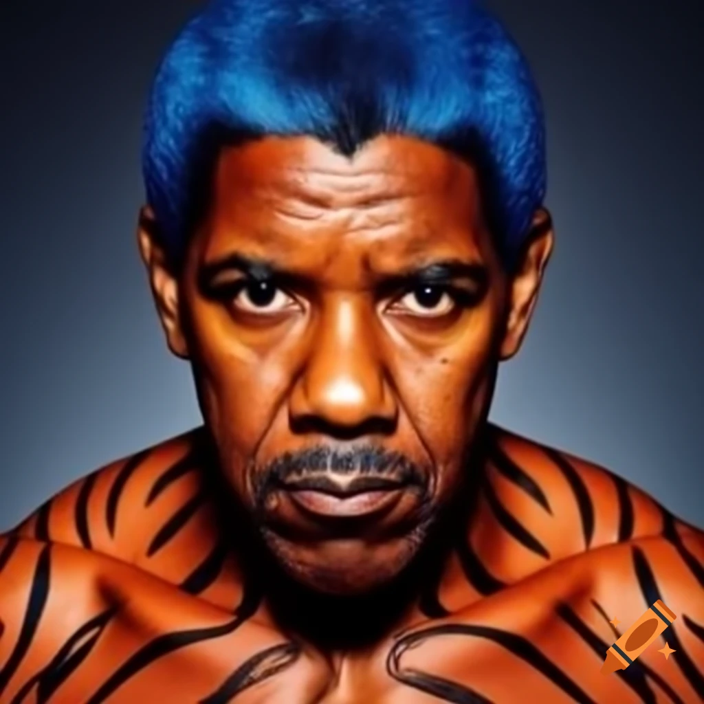 Muscular figure with tiger-style makeup, blue hair, and orange skin on ...