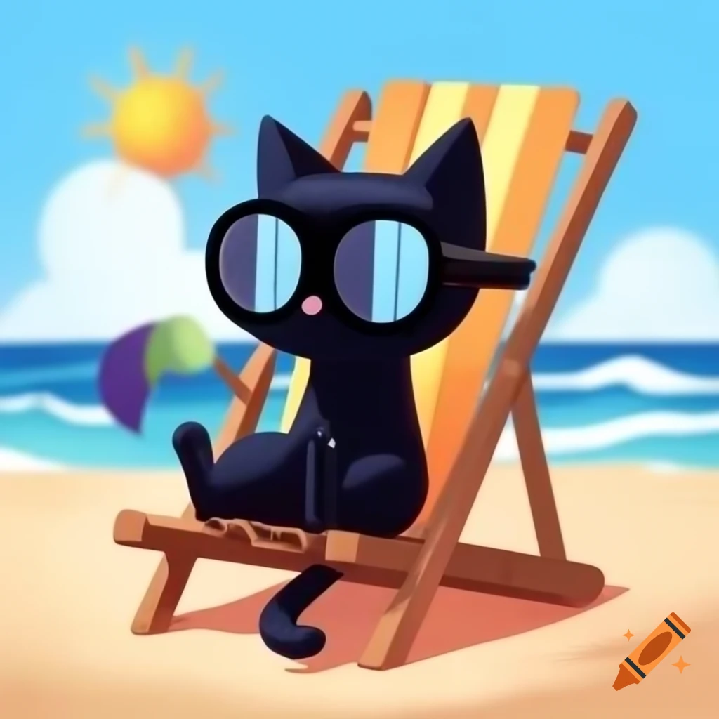 Cartoon black cat relaxing in beach chair with sunglasses on Craiyon