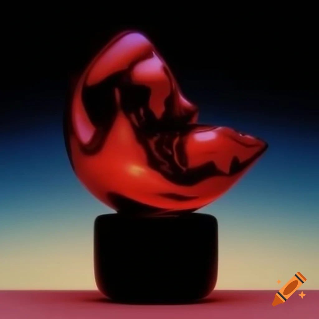 Pop surreal photography featuring iridescent red glass statue on Craiyon