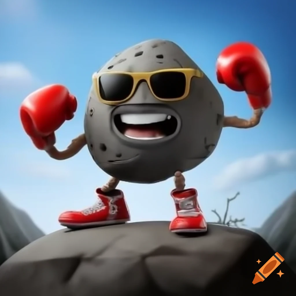 Anthropomorphic rock with arms and legs wearing boxing gloves and ...