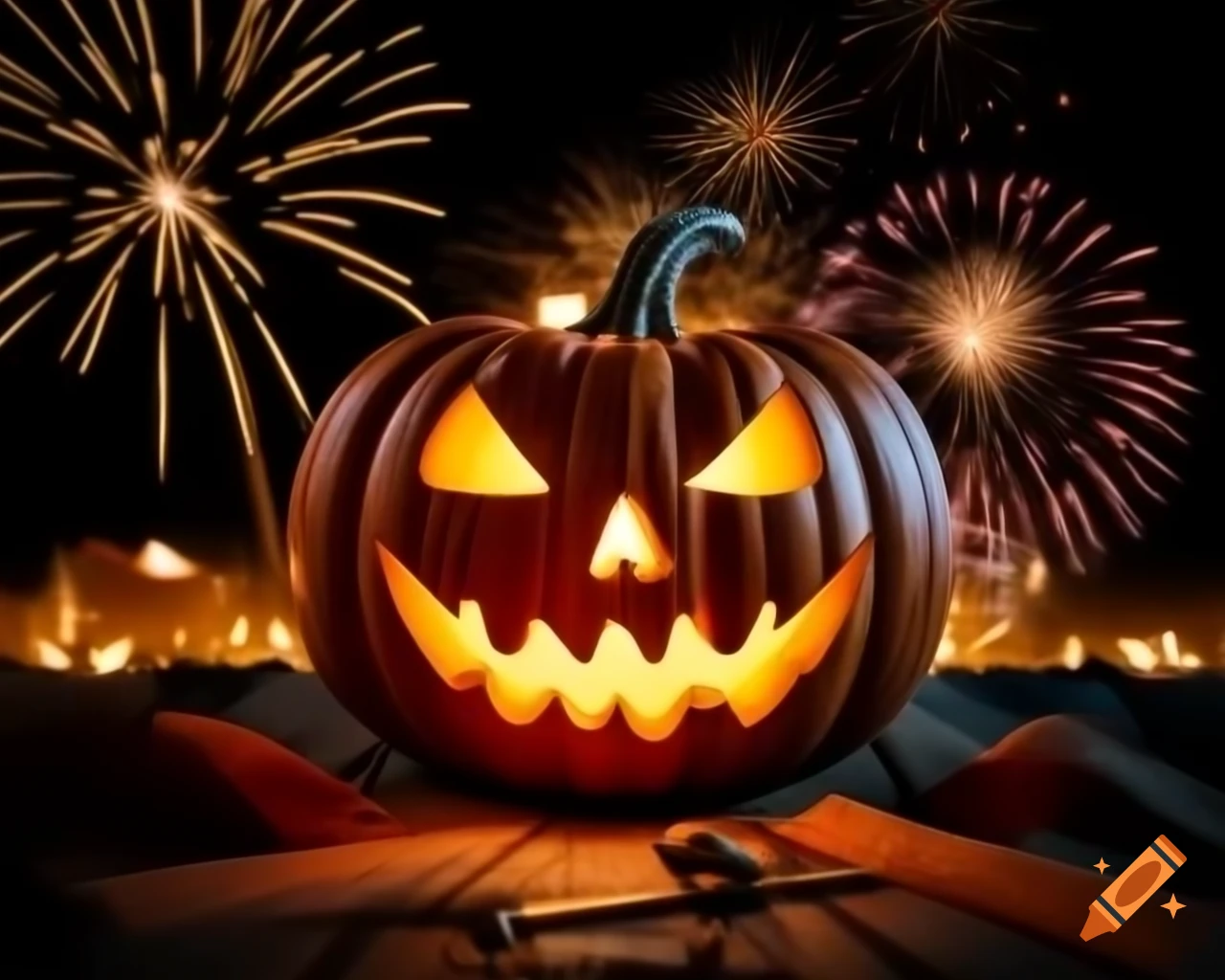 Sinister pumpkin character flying on broom in dark fantasy art on Craiyon