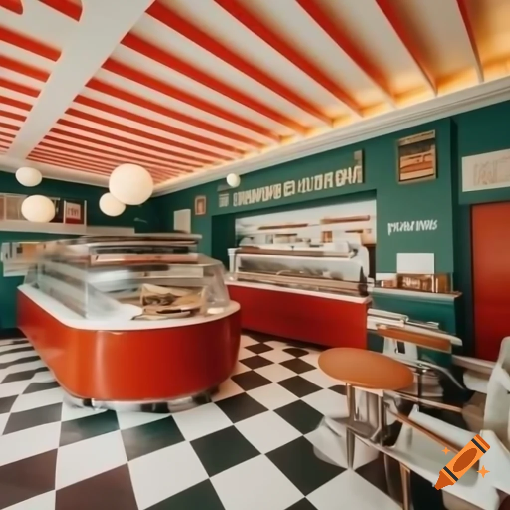 Retro sweets cafe with colorful decor and vintage treats on Craiyon