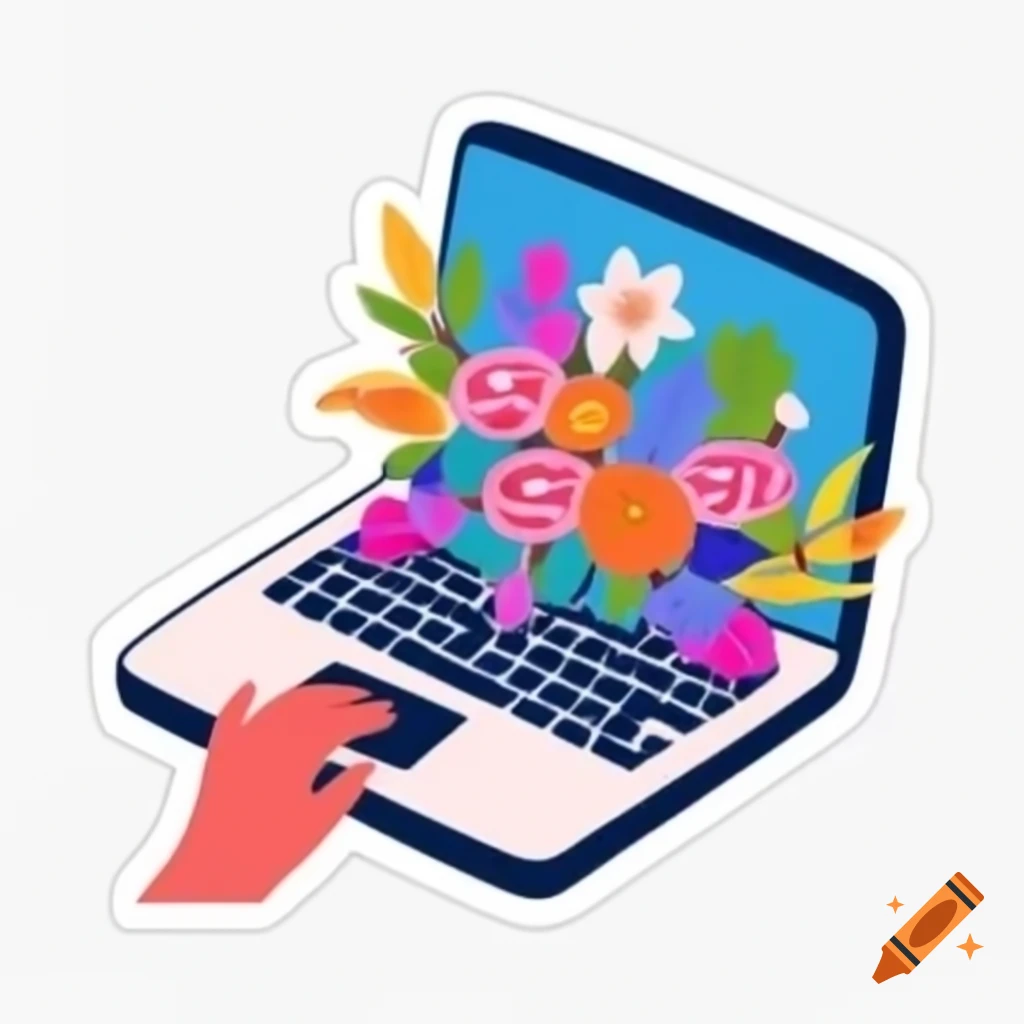 Cartoon laptop with hand holding colorful bouquet of flowers on Craiyon