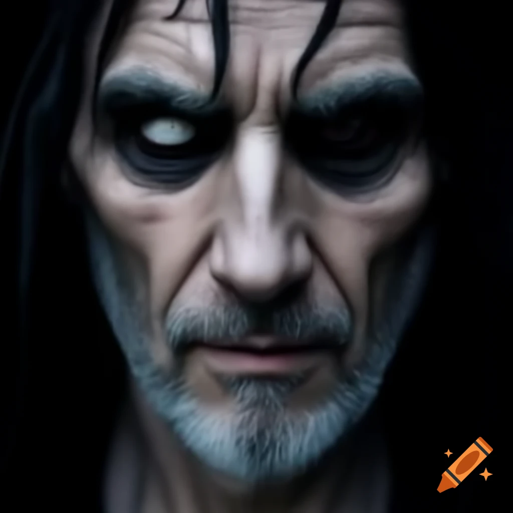 Male ghost with thin dark eyes and gray-streaked black hair on Craiyon