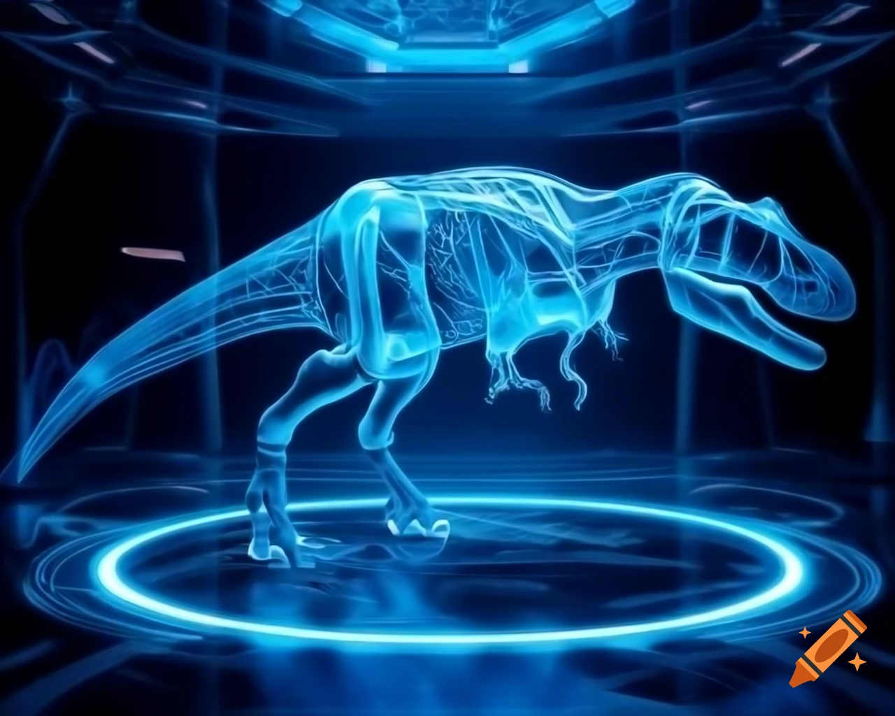 Futuristic visionary observing blue holographic tyrannosaurus rex from ...