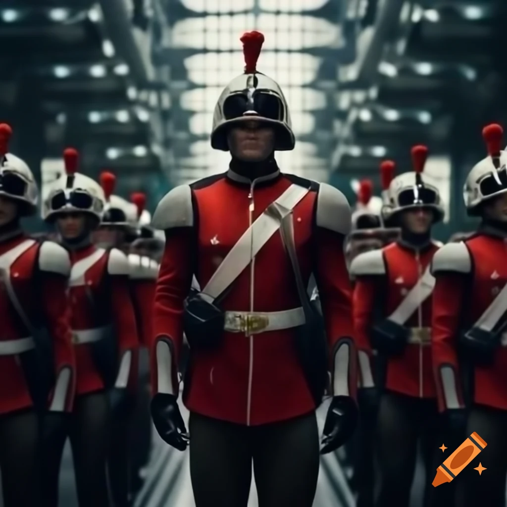 Futuristic Gallifrey Guards charging in red and white uniforms on Craiyon