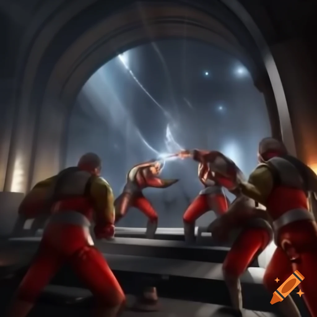 Timelords and chancellery guards engaged in battle inside futuristic ...