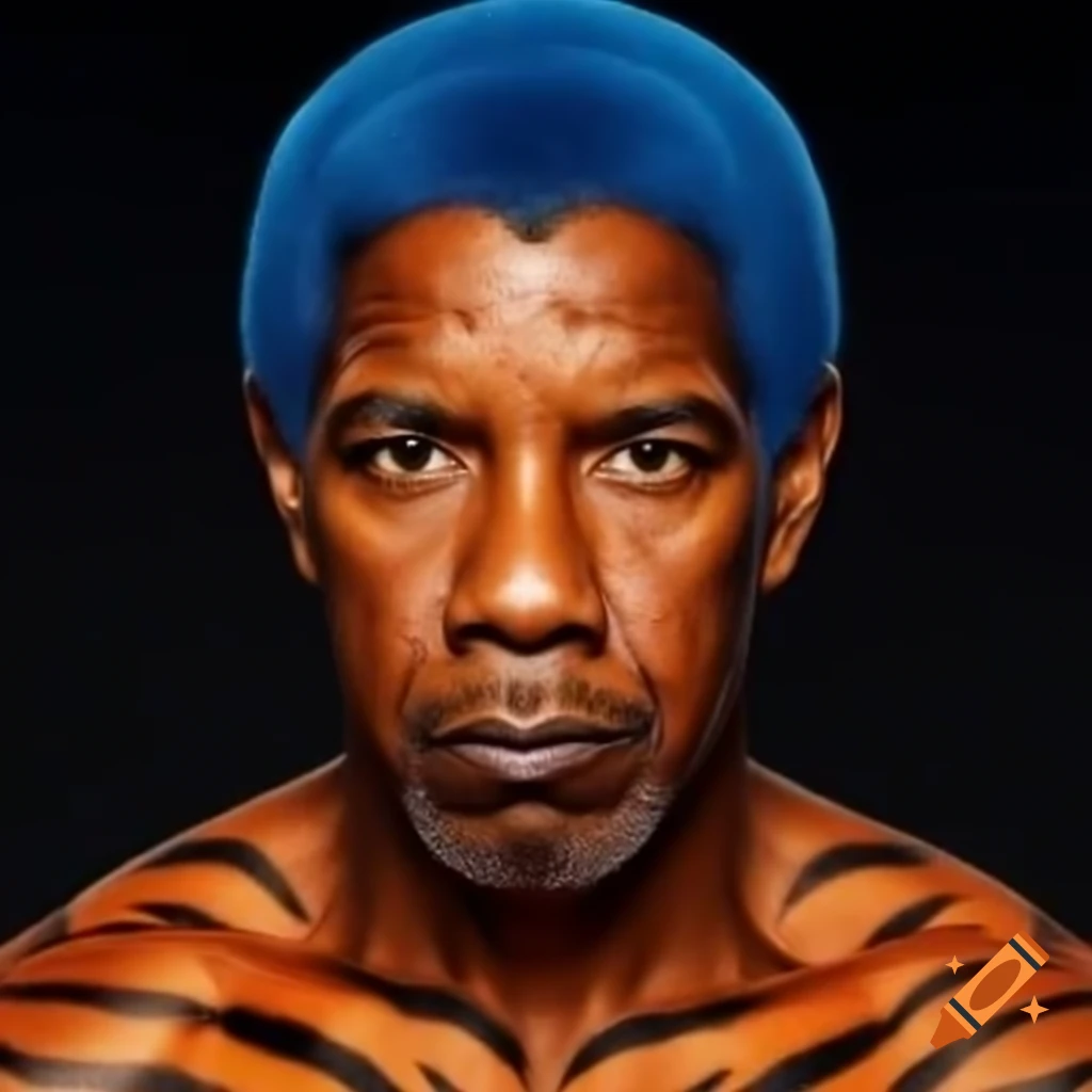 Muscular figure with tiger-style makeup featuring blue hair and orange ...