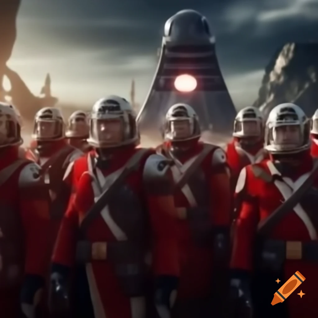 Futuristic gallifrey guards charging in red and white uniforms on Craiyon