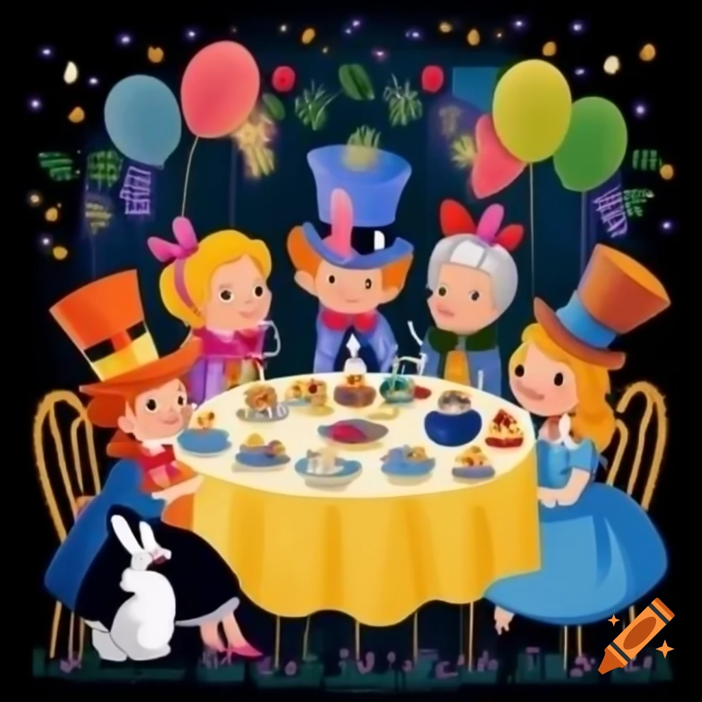 Mad Hatter's tea party with Alice and the rabbit on Craiyon