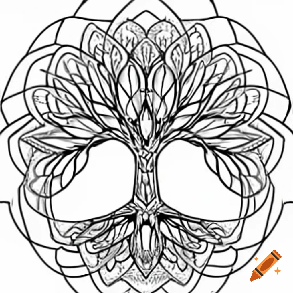 Tree of life mandala blending into space, black and white intricate ...