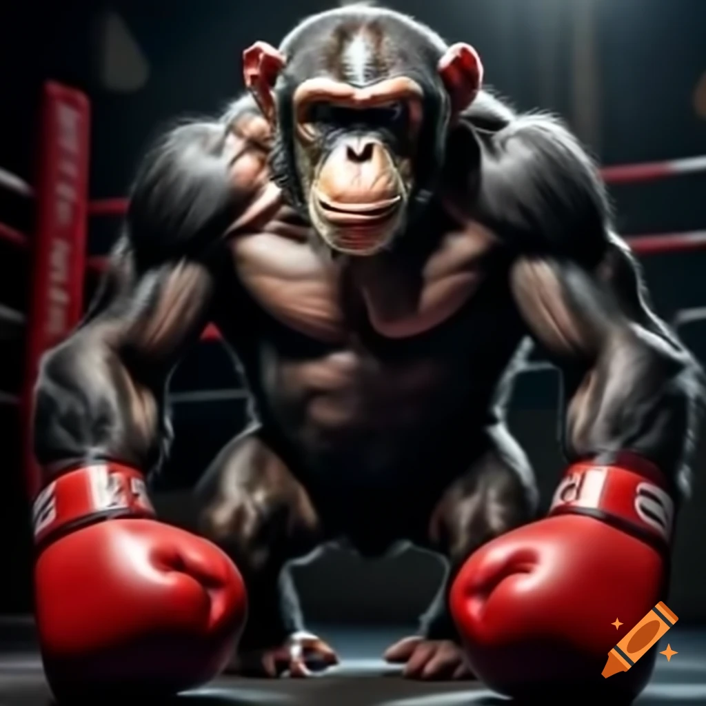 Chimpanzee in red boxing gloves, muscles tensed, ready for a challenge ...