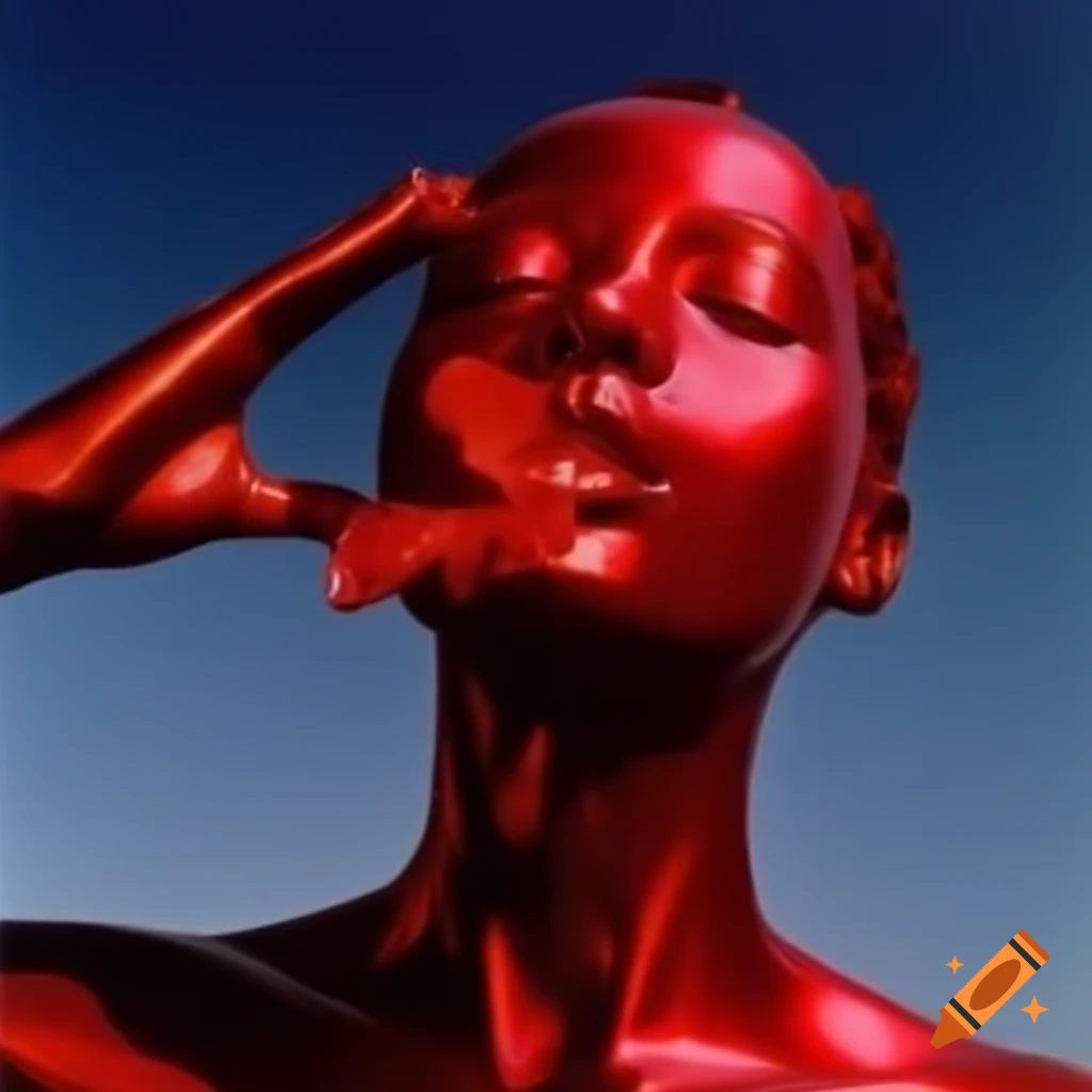 Iridescent red glass statue in pop surreal 2000's photography on Craiyon