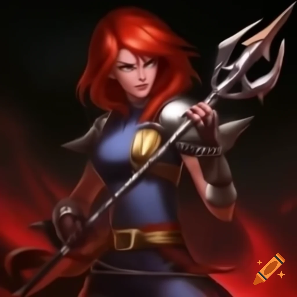 Female dwarf barbarian with red hair wielding a halberd on Craiyon