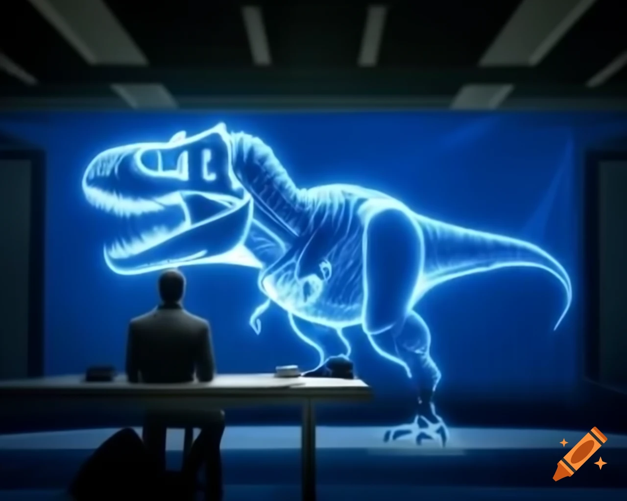 Man observing blue hologram of t-rex projected from screen on Craiyon