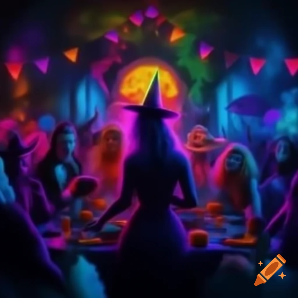 Psychedelic Halloween party featuring vibrant neon colors on Craiyon