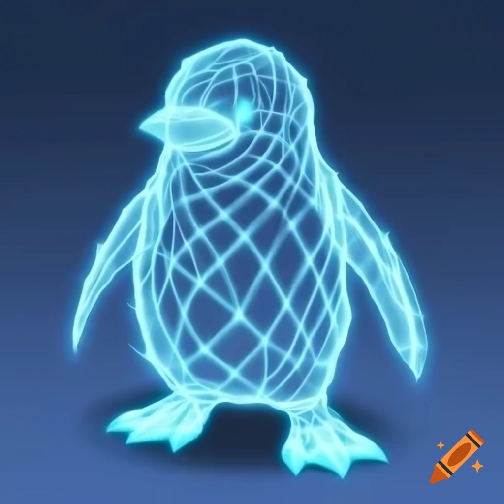 Digital wireframe penguin in yu-gi-oh art style on Craiyon