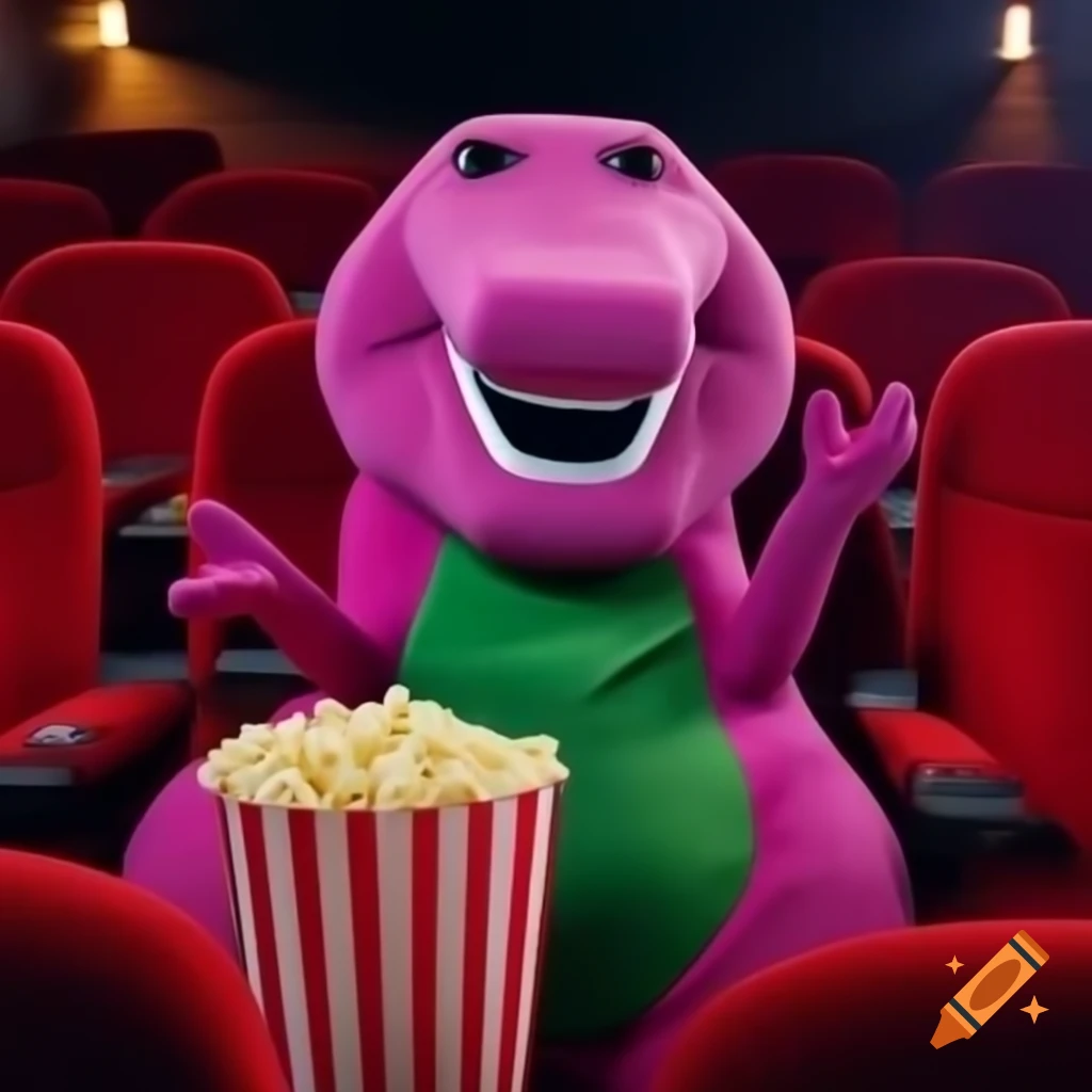 Barney character enjoying popcorn in movie theater on Craiyon