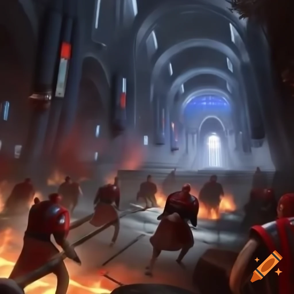 Futuristic scene of timelords battling in a cathedral-like interior ...
