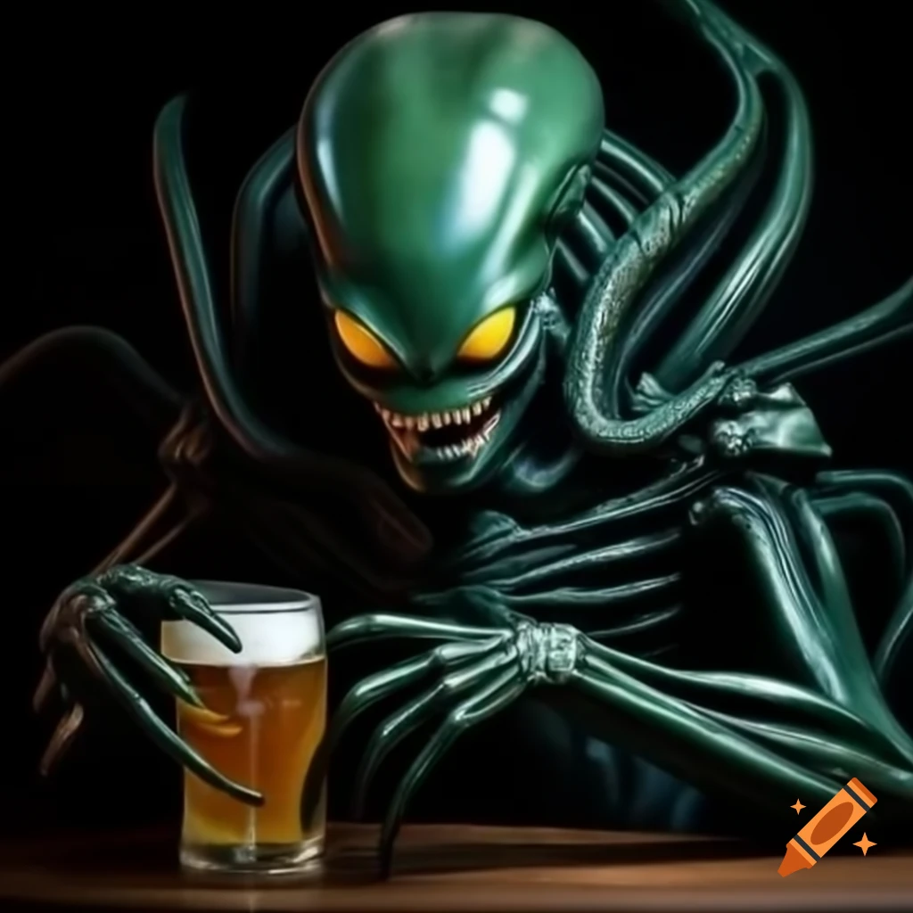 Xenomorph holding a glass of beer, featuring a unique artistic twist on ...