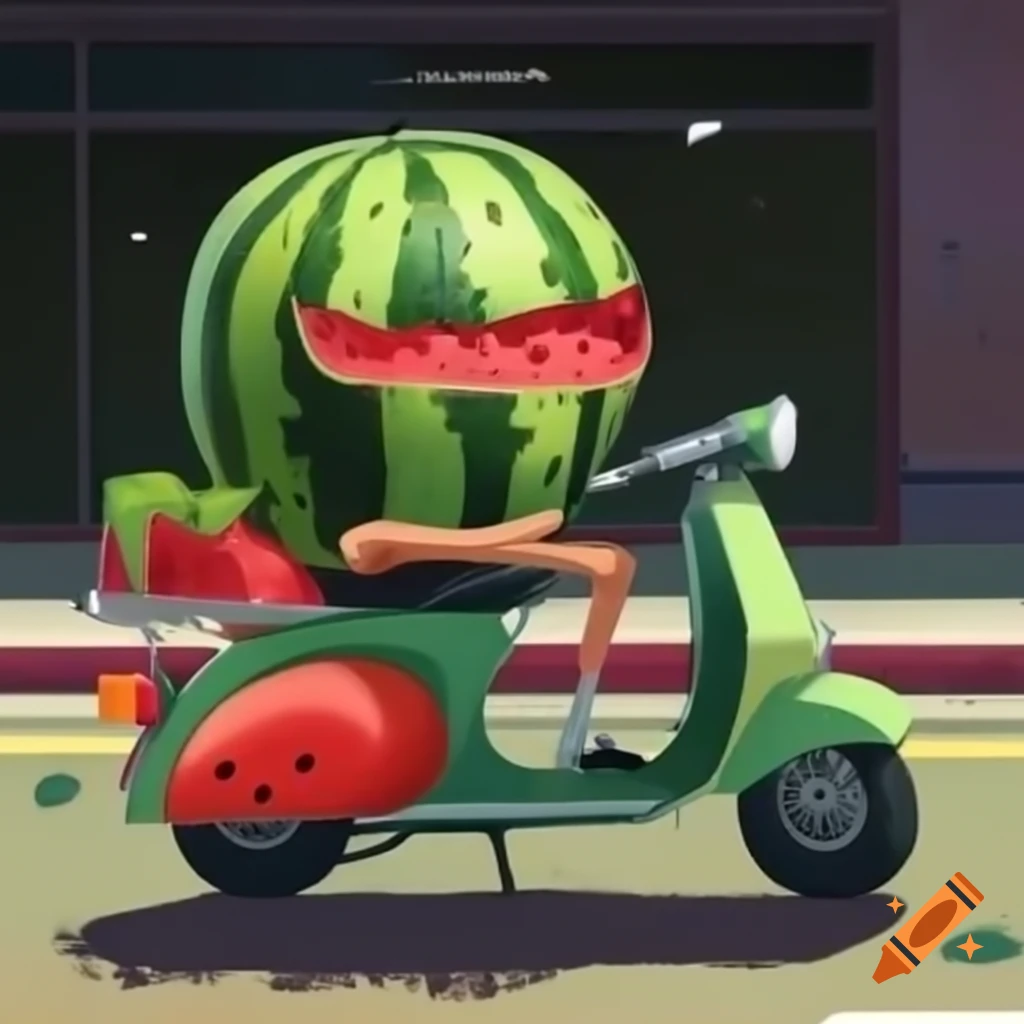 Watermelon character riding a motorbike on Craiyon