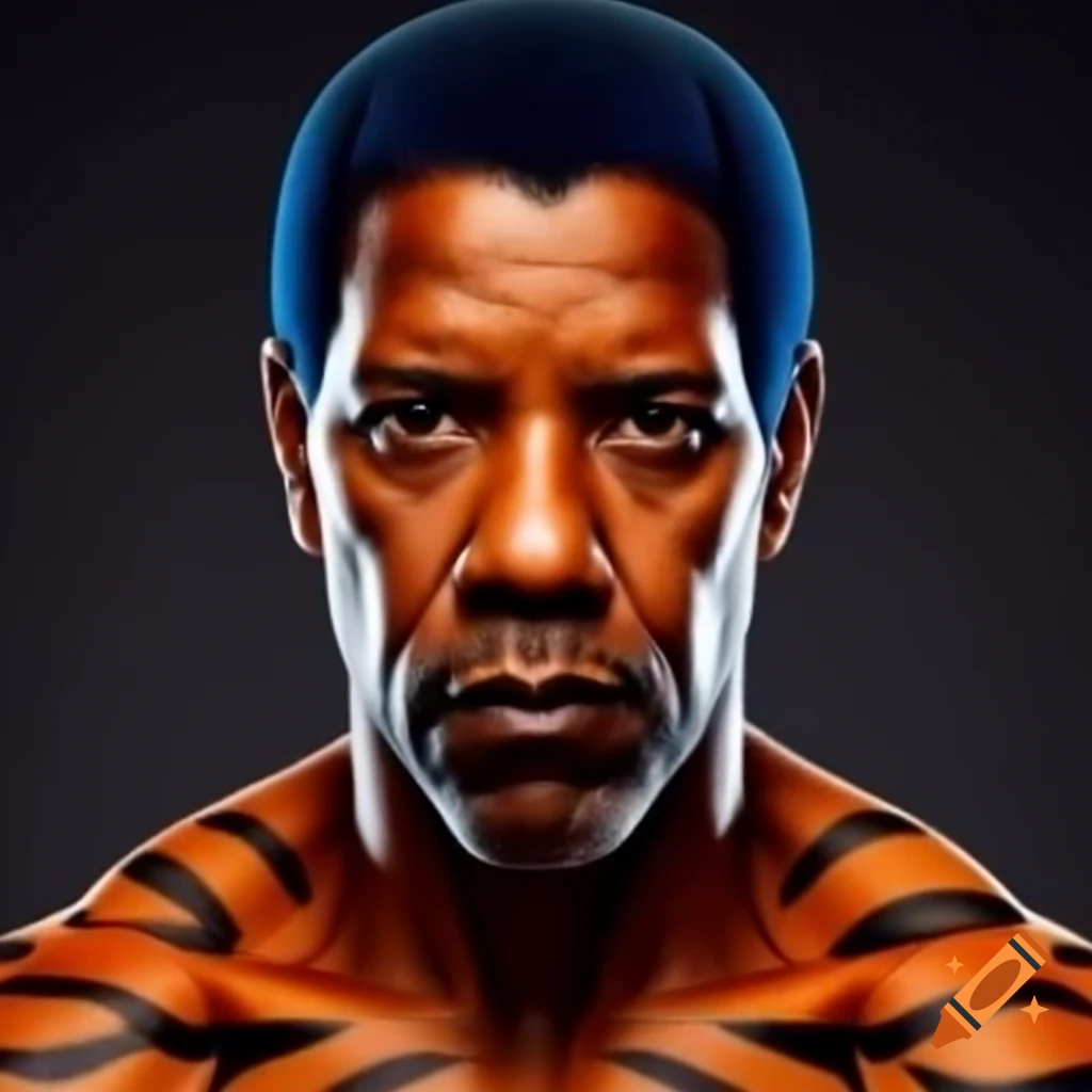 Muscular man with tiger-style makeup featuring blue hair and orange ...