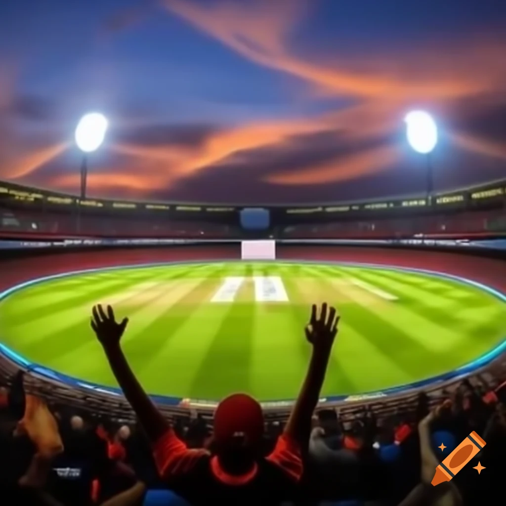 Energetic cricket stadium filled with fans under bright sun on Craiyon