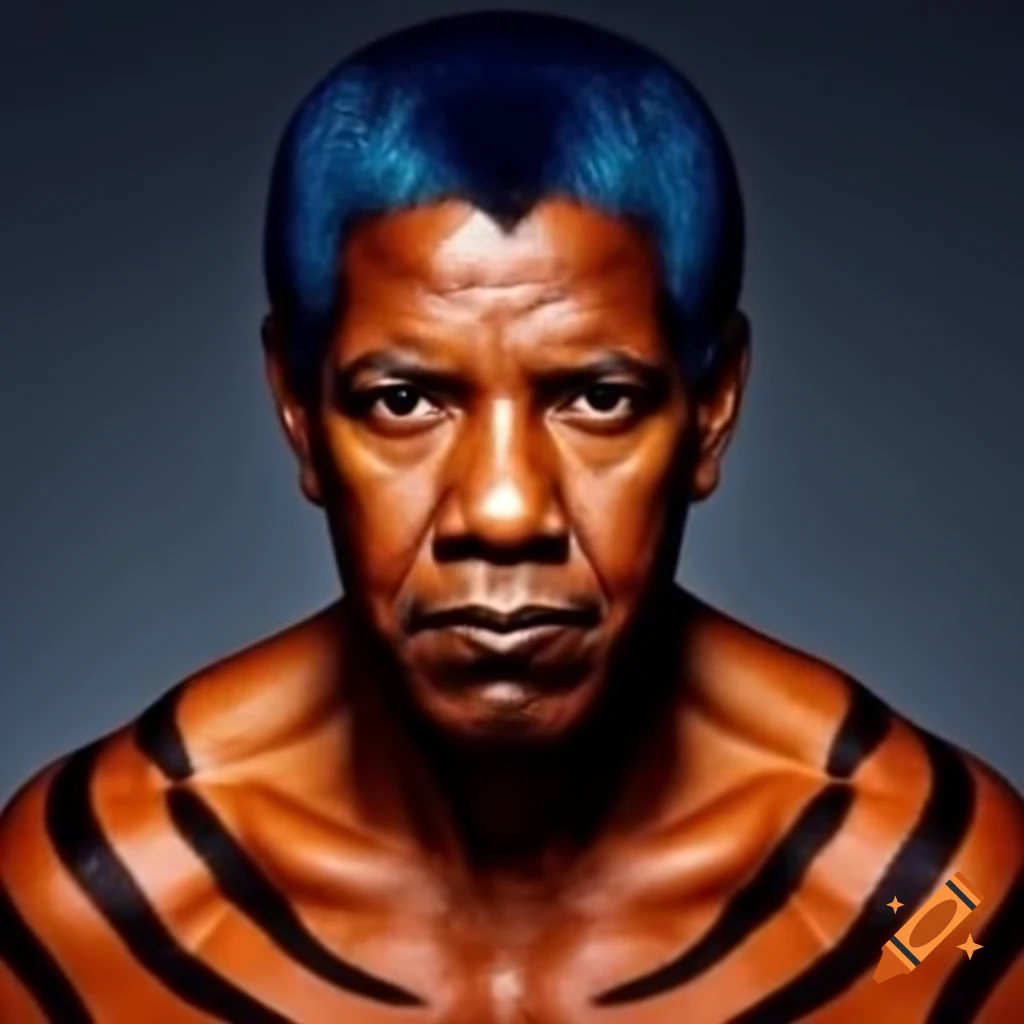 Muscular man with tiger-style makeup, blue hair, and orange skin with ...