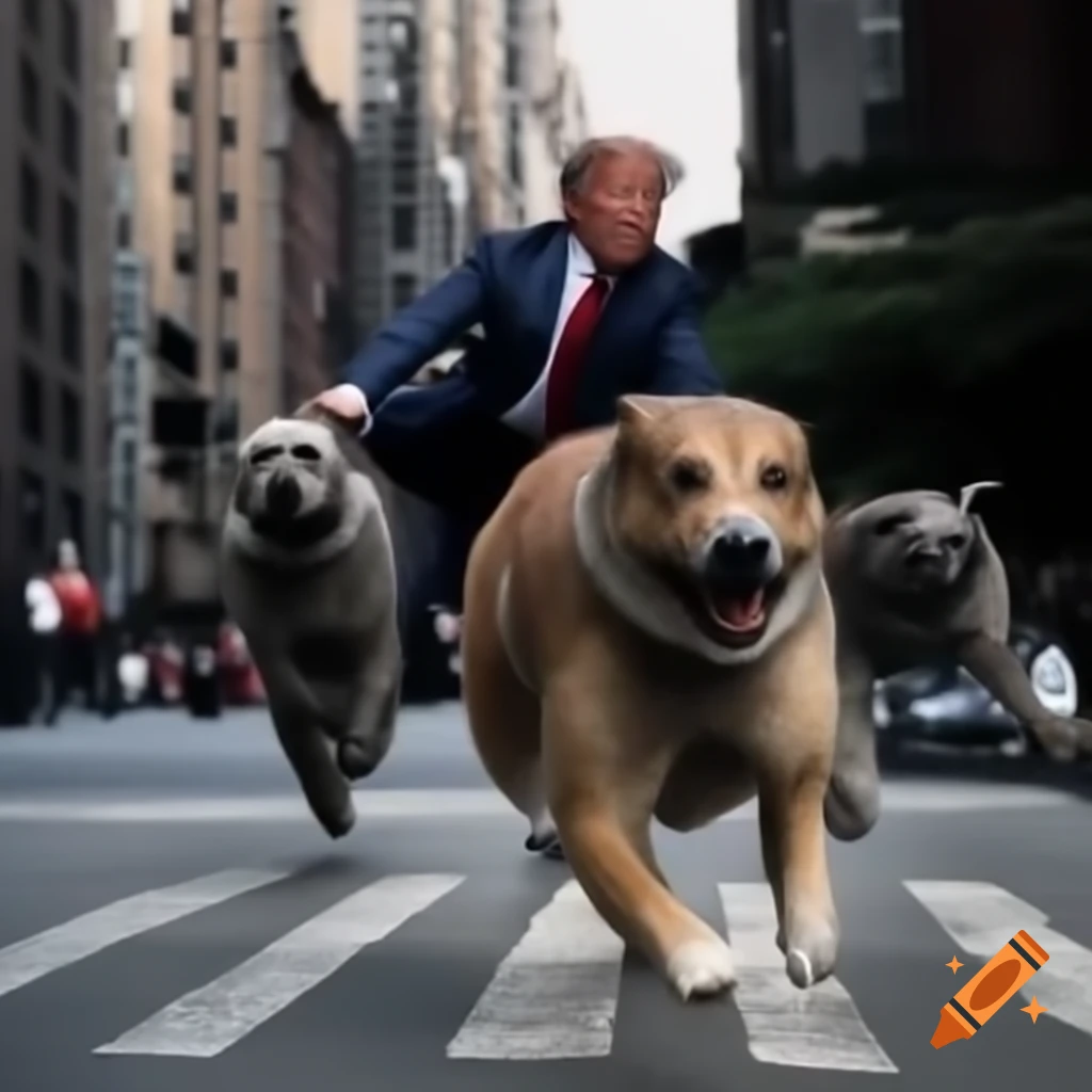 Donald Trump running from dogs in downtown NYC, high-quality detailed ...