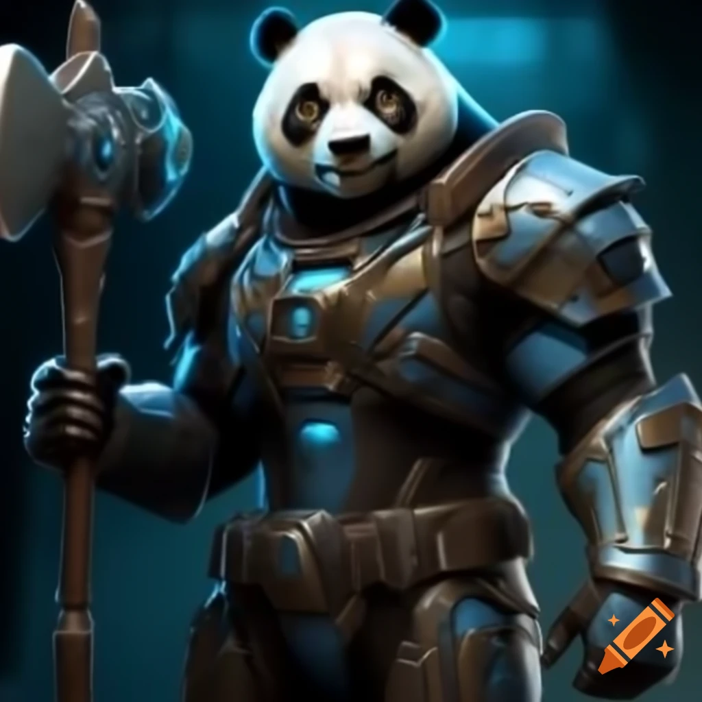 Futuristic cybernetic panda warrior in blue armor wielding a giant ...