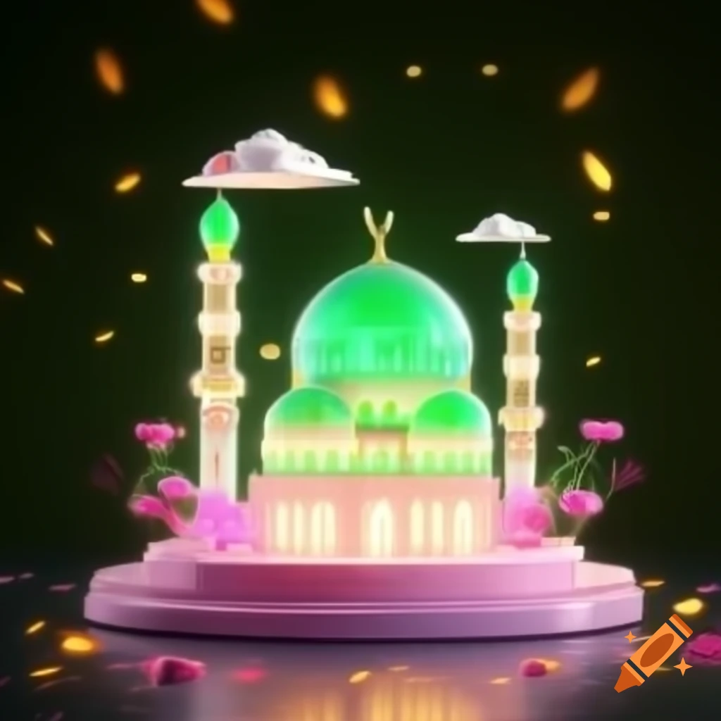 Hyper-realistic 3d cgi of crystal mosque with green dome in flower ...