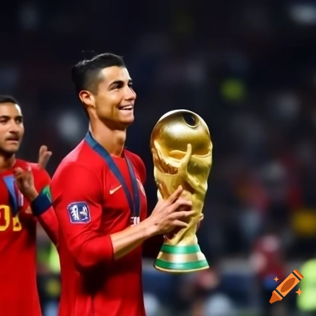 Cristiano Ronaldo celebrating victory after winning World Cup with Portugal on Craiyon