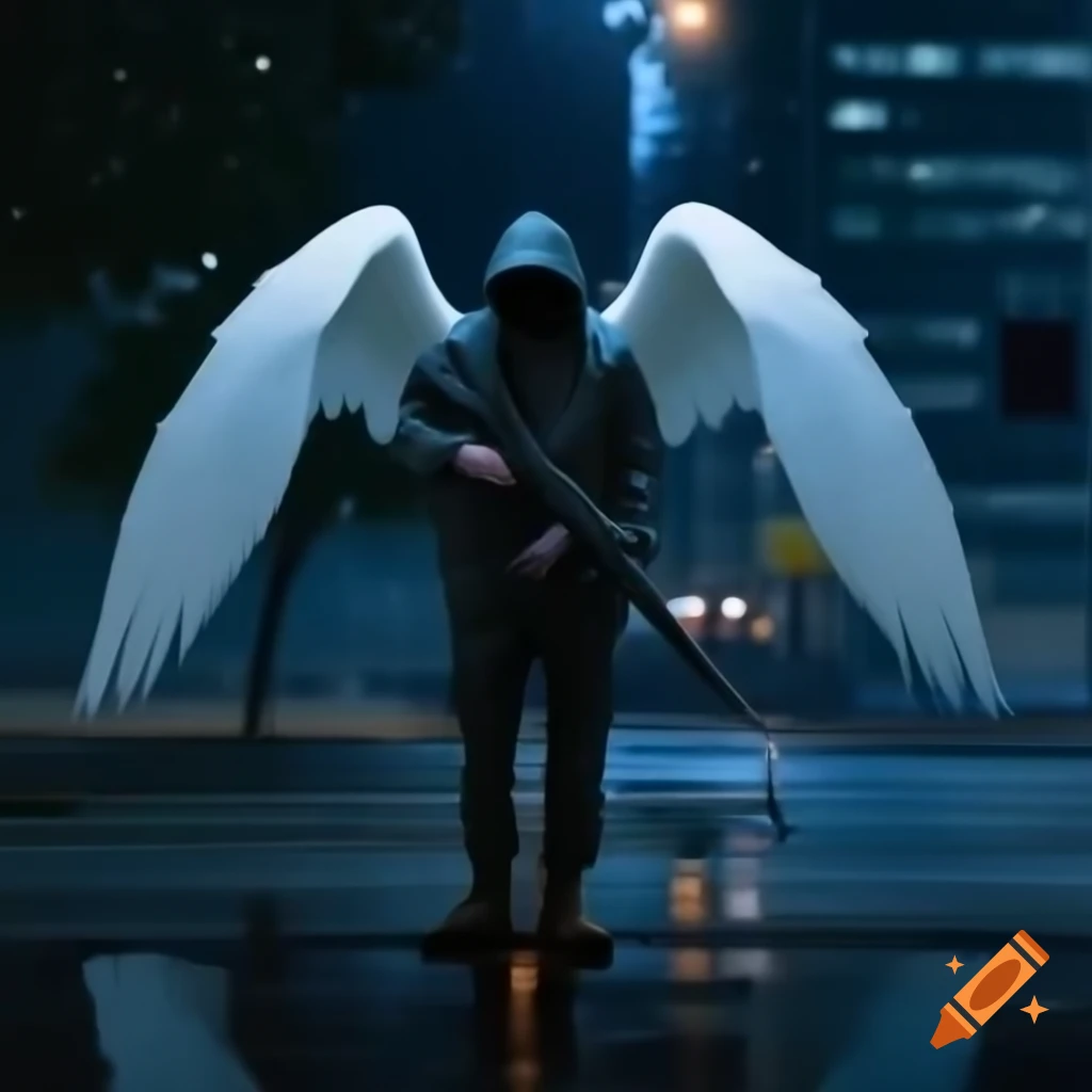 Noir night city with male angel holding sniper rifle under pouring rain ...