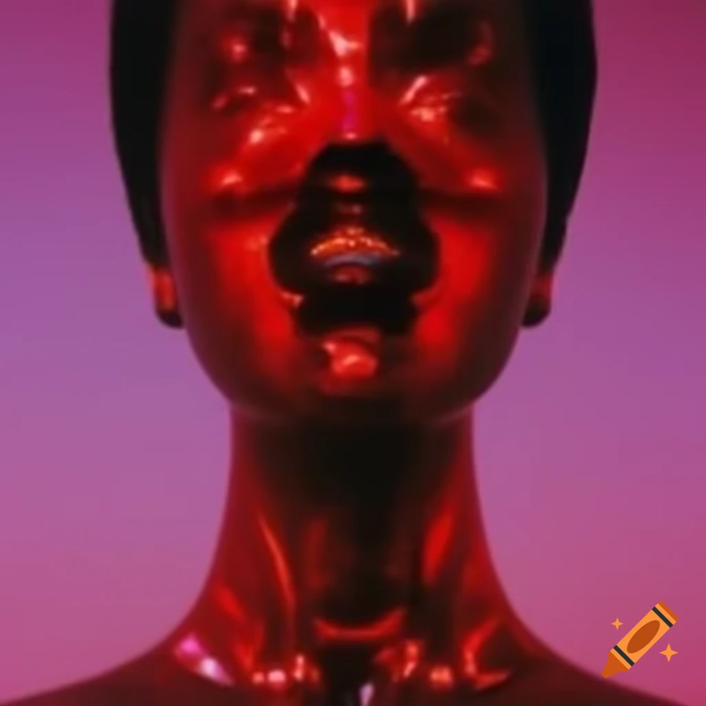 Iridescent red glass statue in pop surreal 2000's photography style on ...