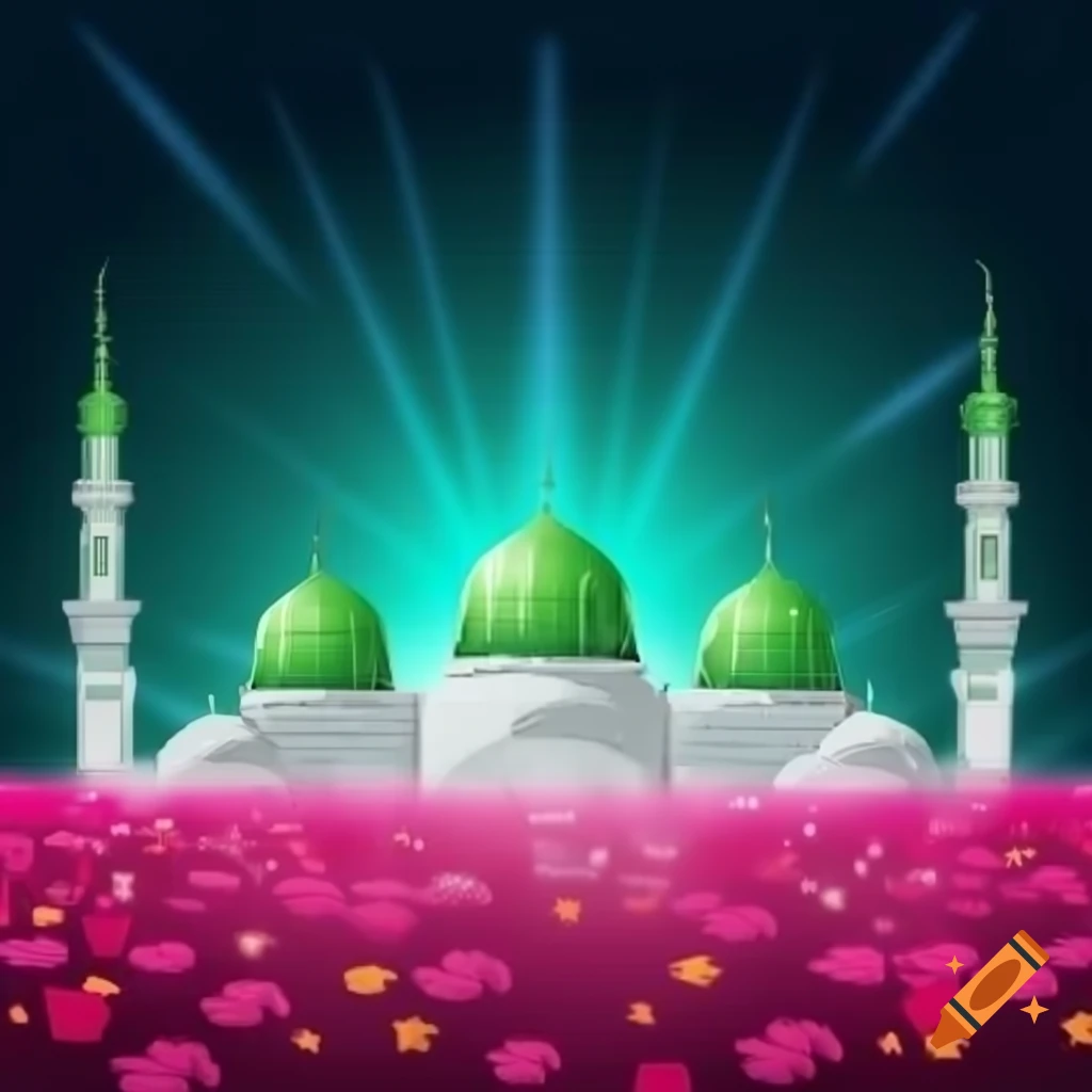 Vector art of Medina Mosque with green dome surrounded by pink flowers ...
