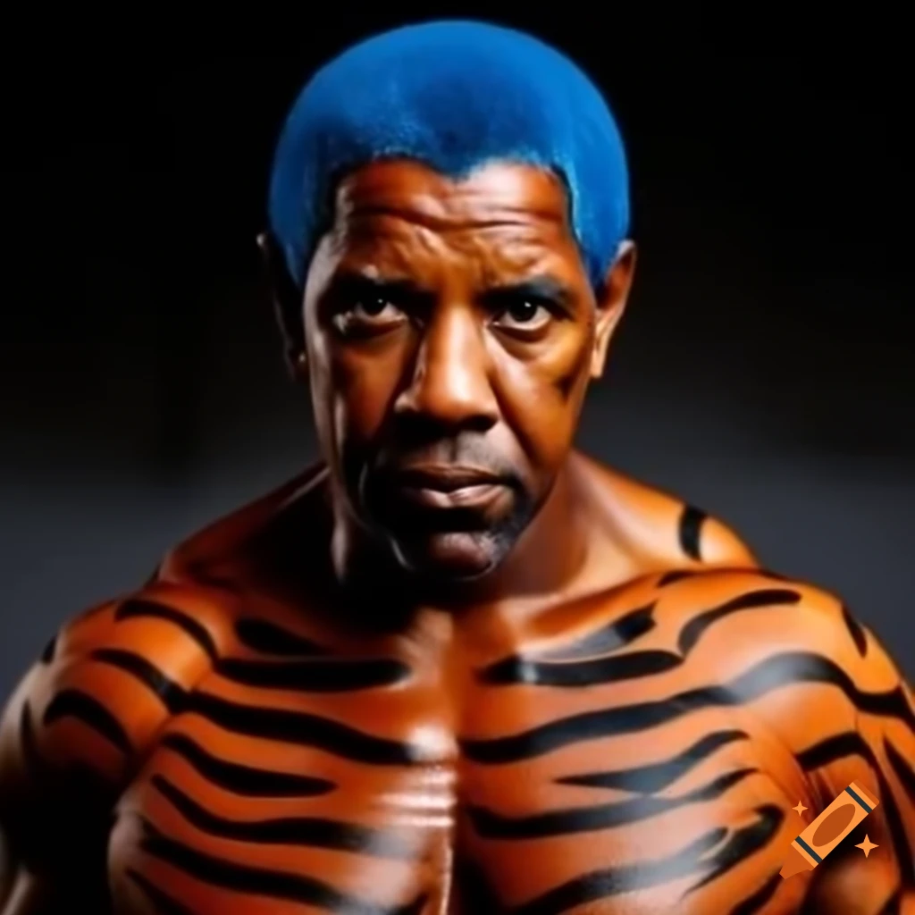 Muscular figure with tiger-style makeup, blue hair and orange skin on ...