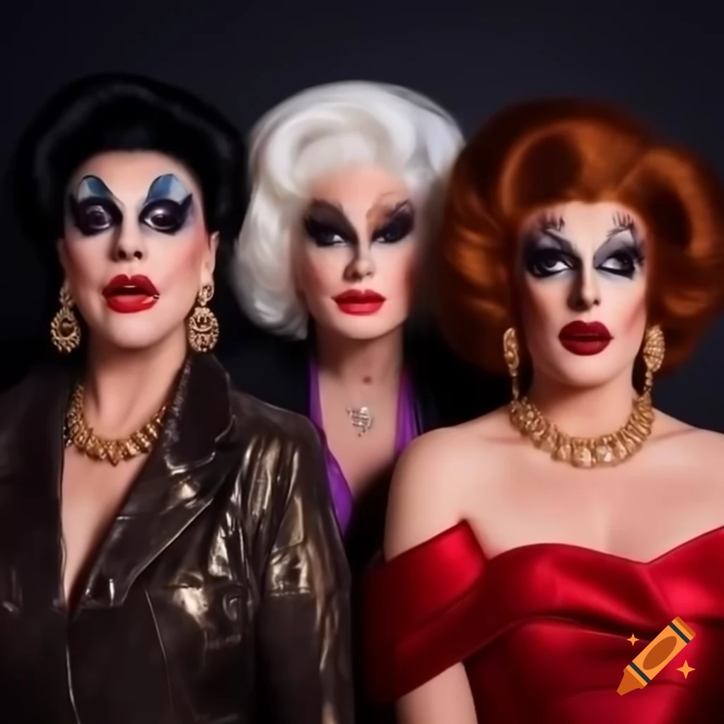 Portrait of three Drag Queens showcasing vibrant costumes on Craiyon