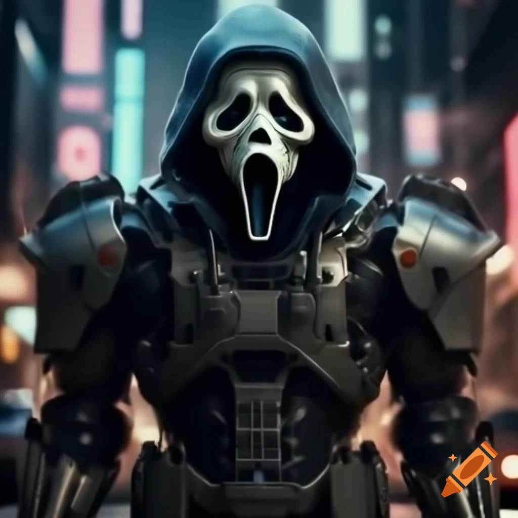 Ghostface robot armor in futuristic cyberpunk city on Craiyon