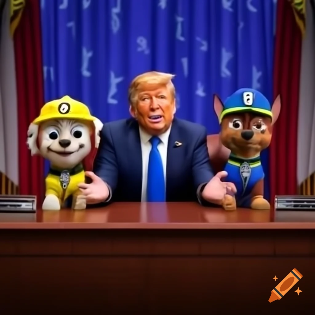 Satirical depiction of a politician with paw patrol characters on Craiyon