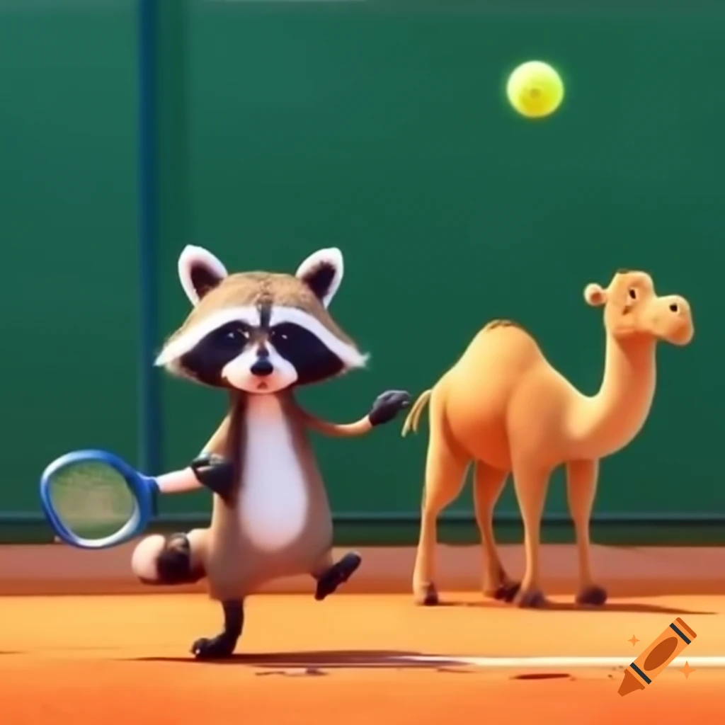 Raccoon and camel playing tennis on Craiyon